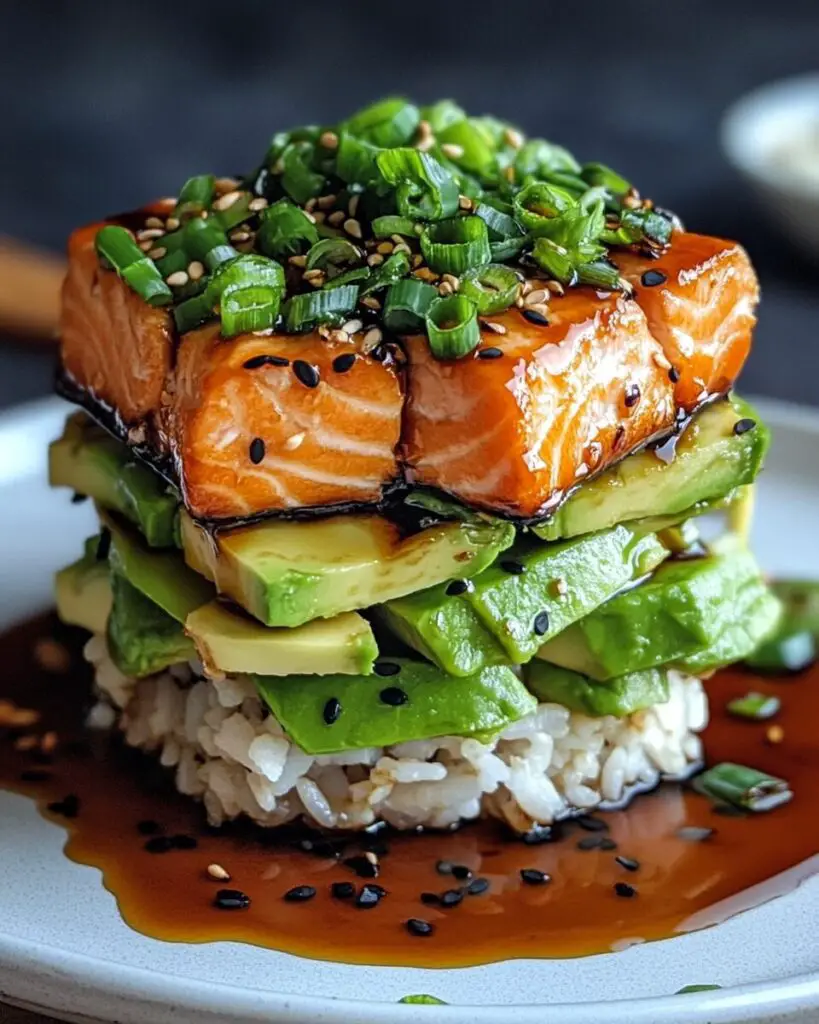 Teriyaki Salmon Avocado Rice Stack